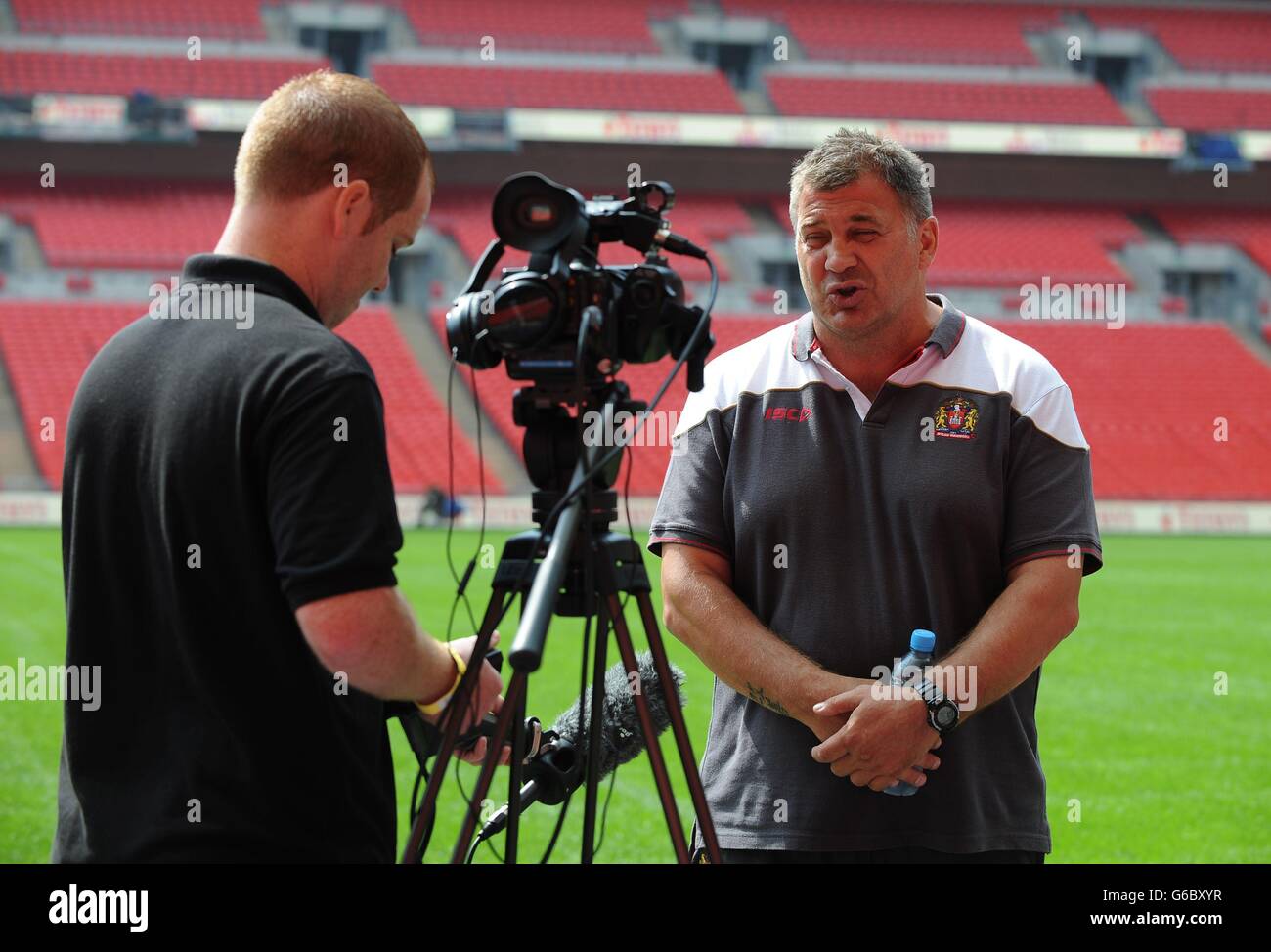 Head Coach of Wigan Warriors Shane Wane is interviewed after the ...