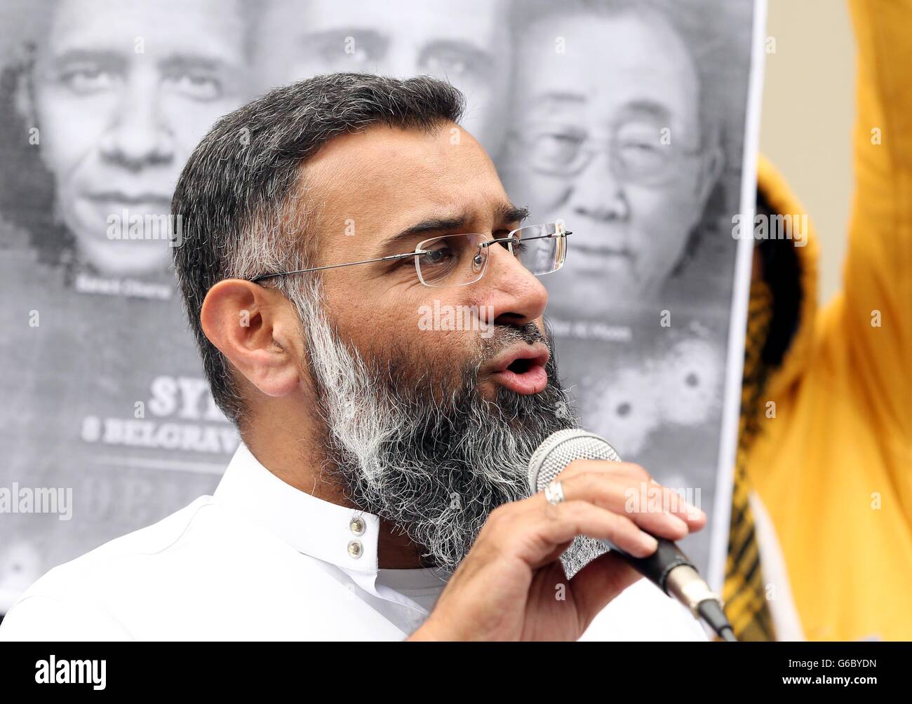 Anjem Choudary outside the Syrian Embassy, London, protesting about the ...