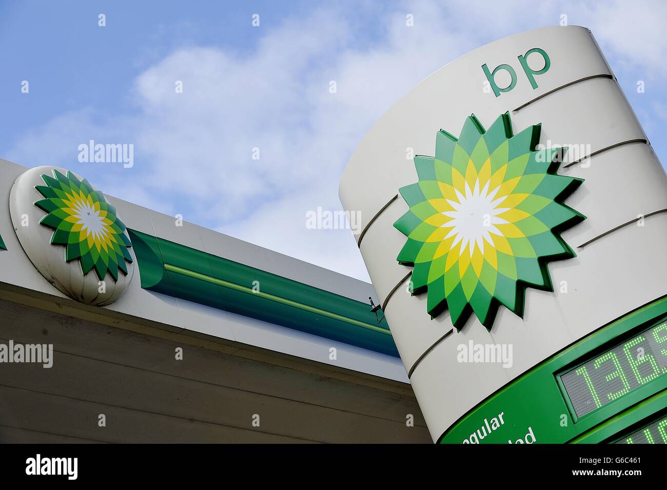 Petrol stock. A view of a BP petrol station sign in Chelmsford, Essex ...