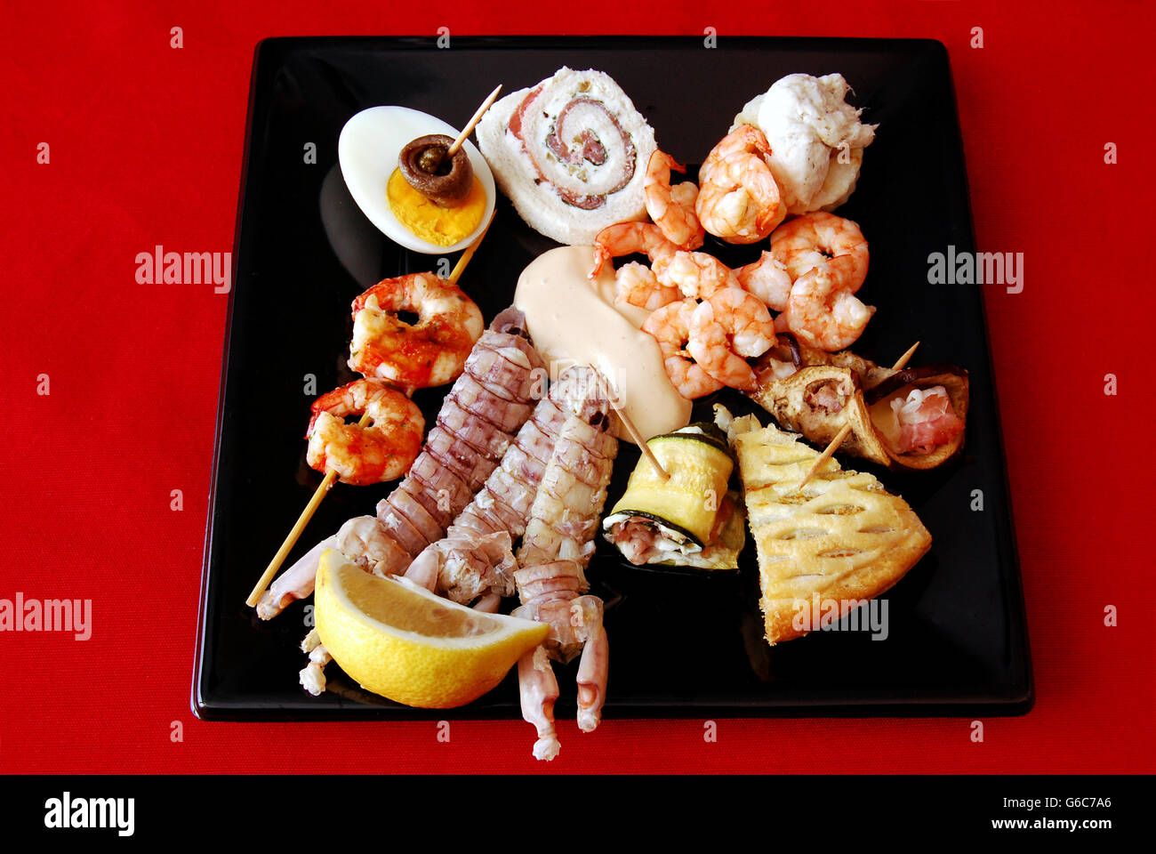 A plate of seafood, eggs and vegetables Stock Photo - Alamy