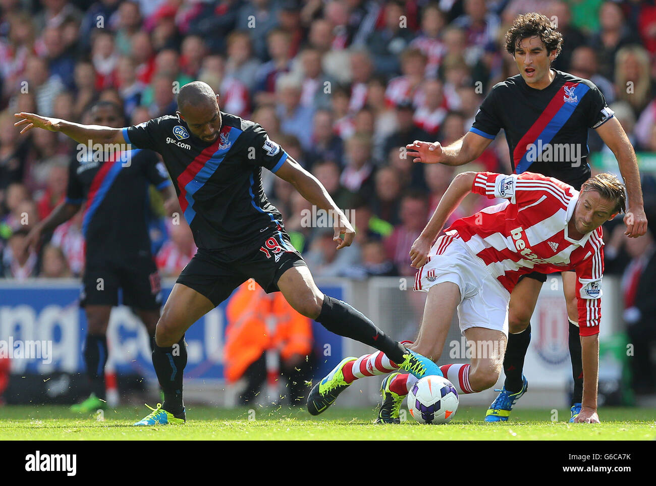 Crystal Palace's Danny Gabbidon (left) challenges Stoke City's Peter ...