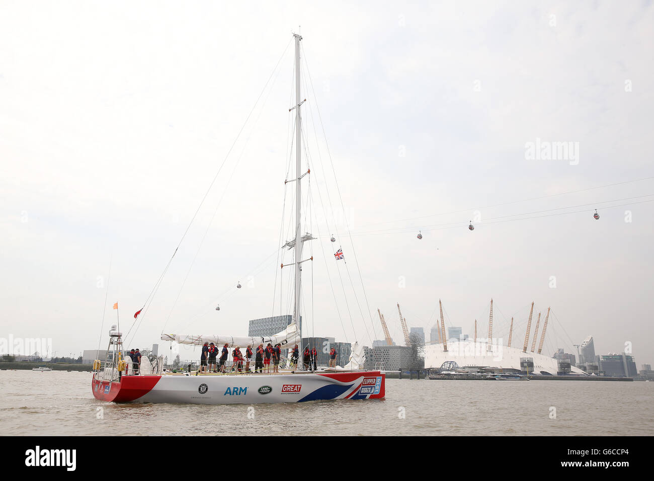 The Clipper Great Britain team sail past the O2 arena as they arrive in ...