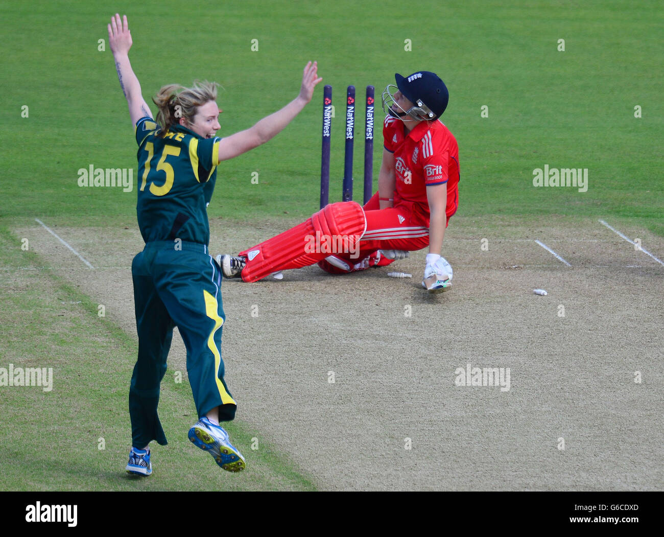 England's Heather Knight is out as Australia's Sarah Cote celebrates ...