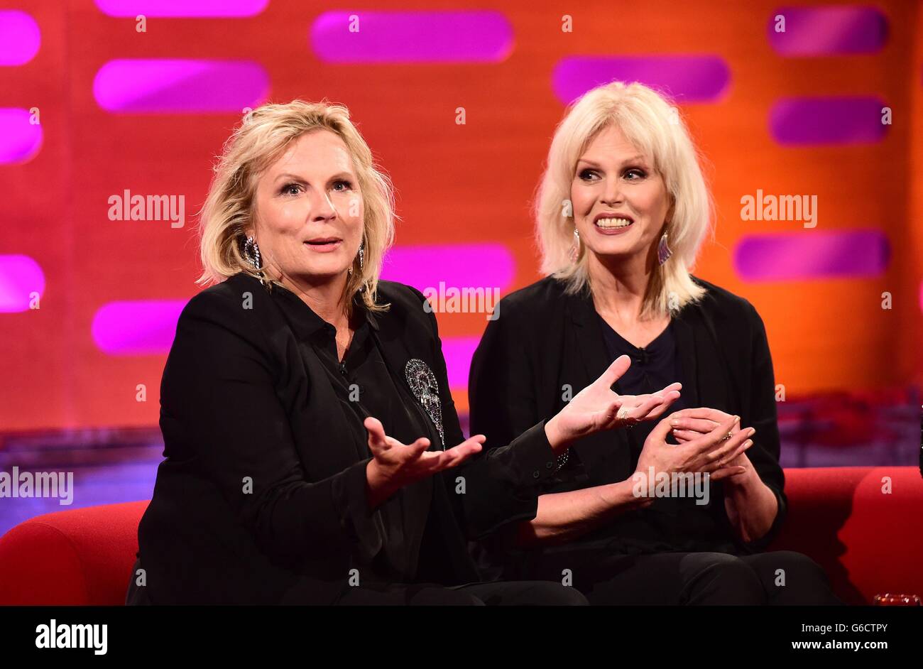 Jennifer Saunders (left) and Joanna Lumley during the filming of the ...