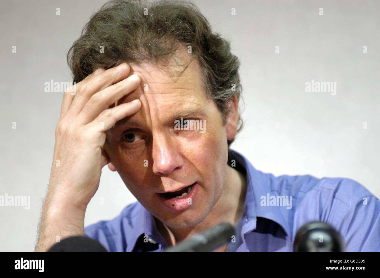 British explorer Pen Hadow talks during a press conference at Heathrow ...