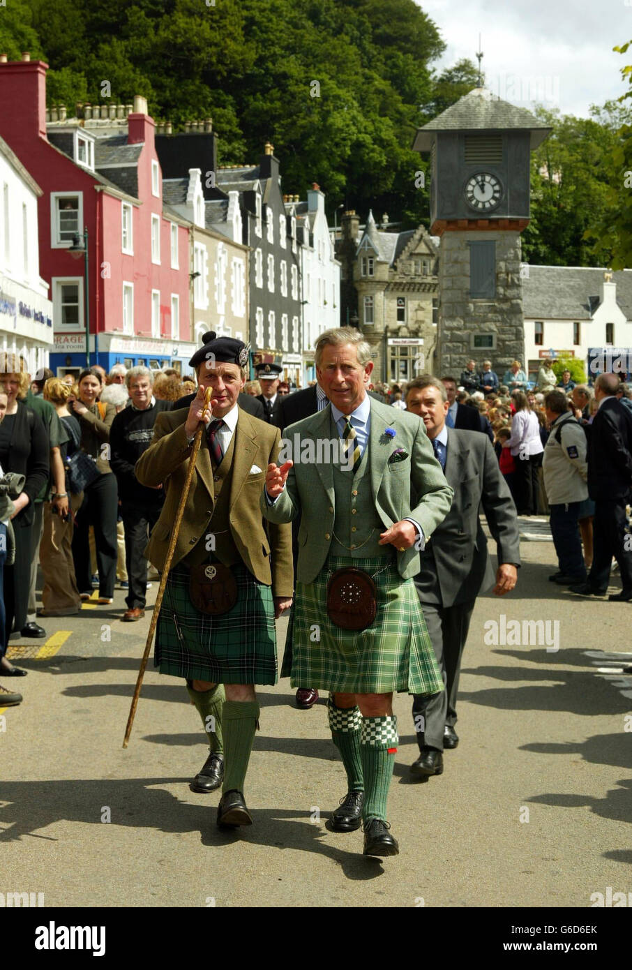 The Prince of Wales, walking down the main street of Tobermory, Isle of ...