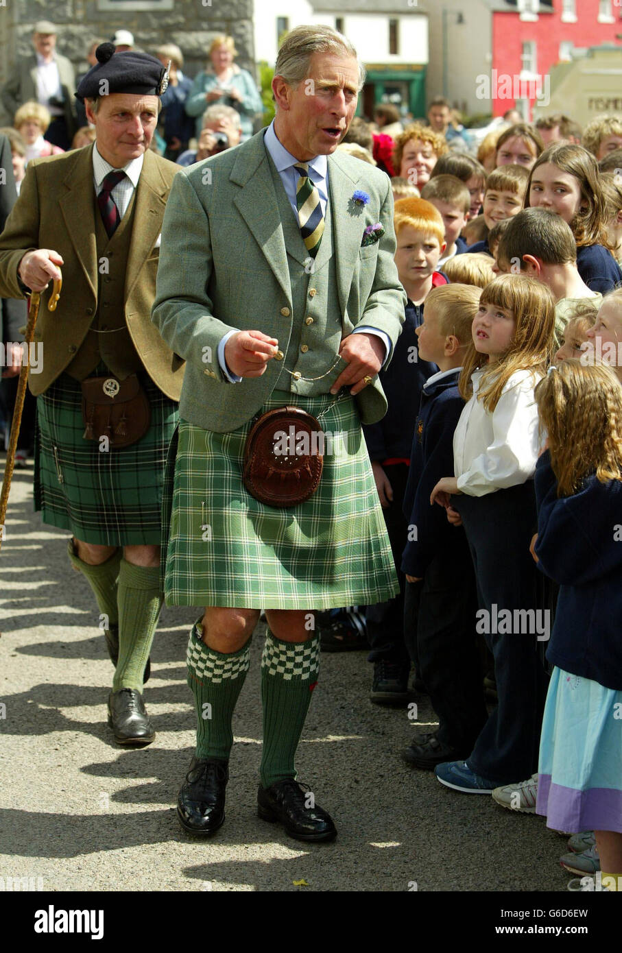 The Prince of Wales, walking down the main street of Tobermory, Isle of ...