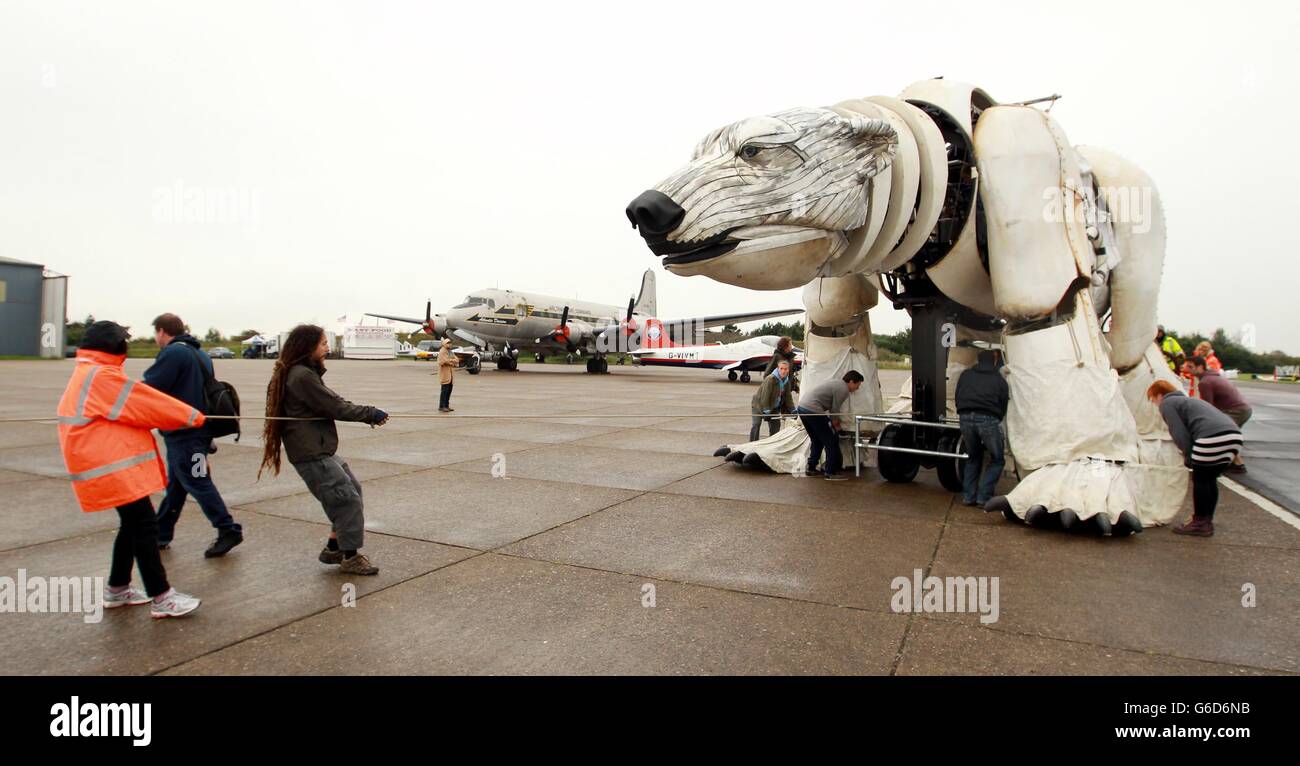The worlds largest polar bear puppet is pulled into position before ...