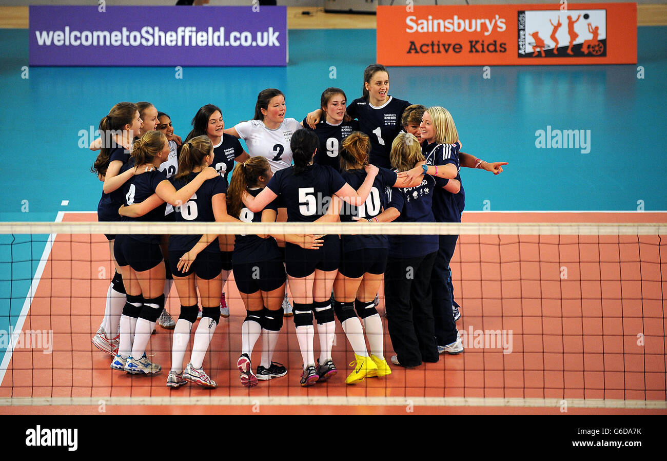 Scotland celebrate winning against England in the Girls Volleyball ...
