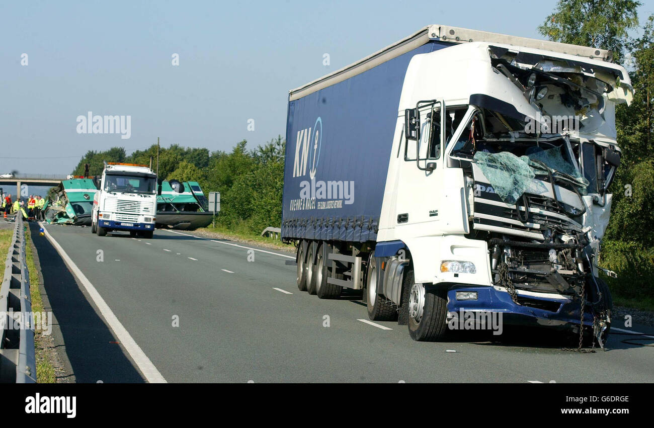 The lorry (right) and coach (background) involved in an accident on the ...