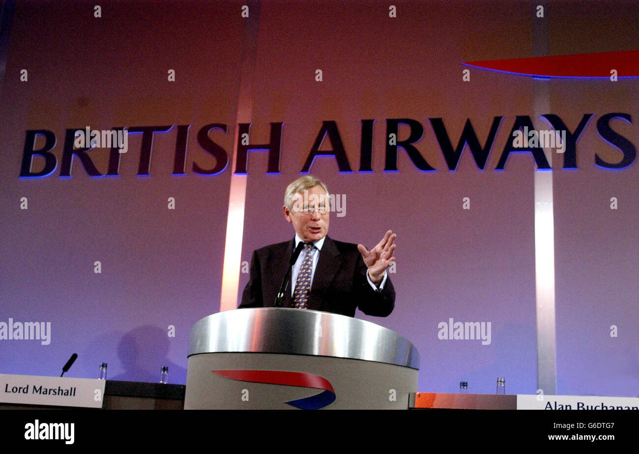 Lord Marshall speaks at the opening of the British Airways AGM, at the ...