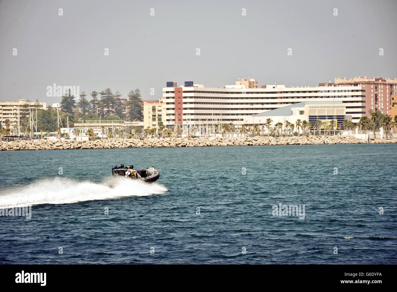 A Royal Navy rib patrols in Bristish waters around Gibraltar with Spain ...
