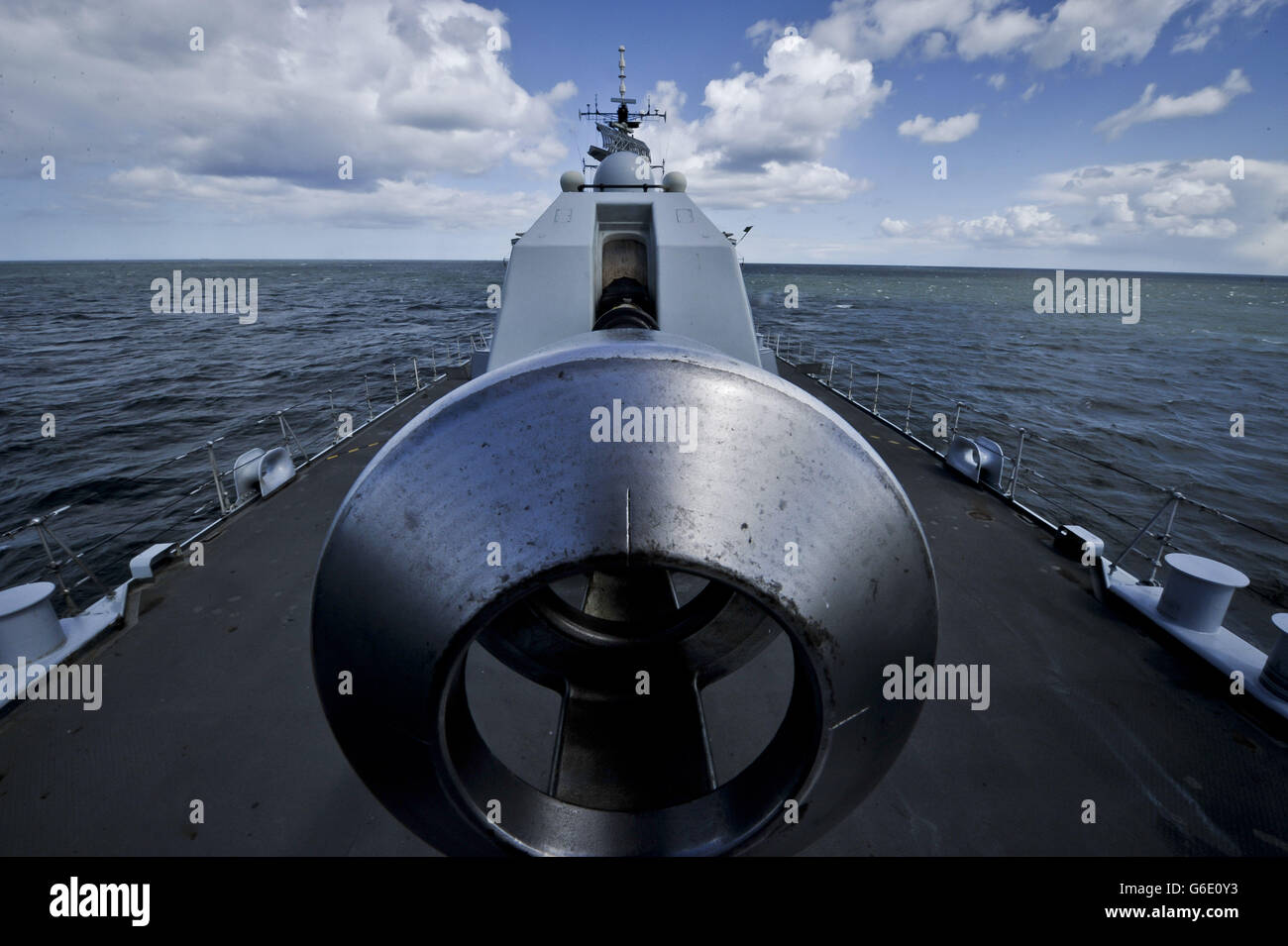 A view looking just above the muzzle of a 45 gun (114mm or 4.5 inches ...