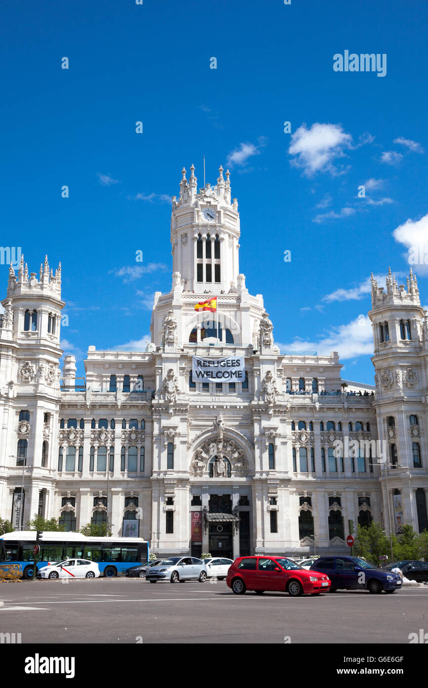 Cybele Palace (City Hall) with 'Refugees Welcome' banner hung up and ...