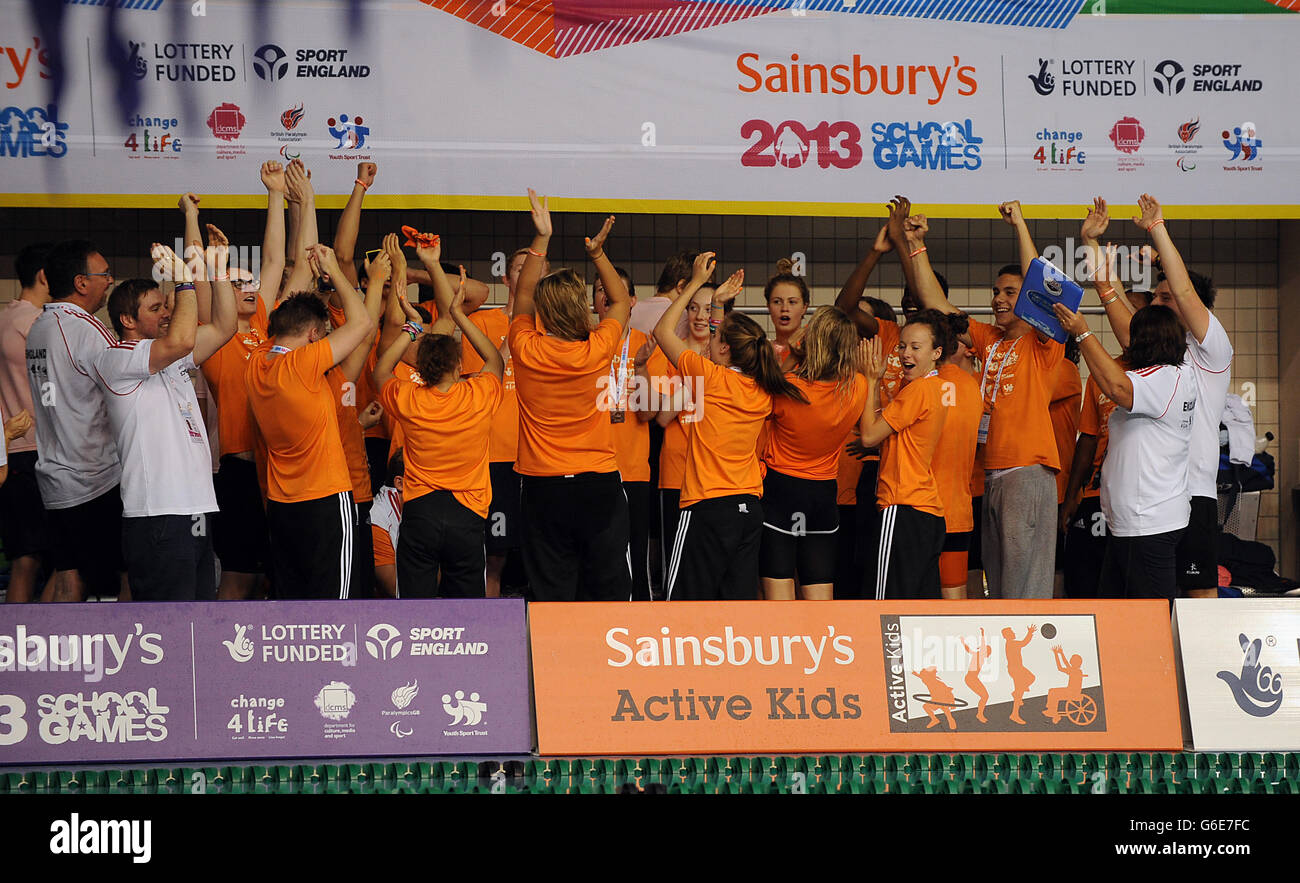 England East celebrate winning the best team trophy during the Swimming ...