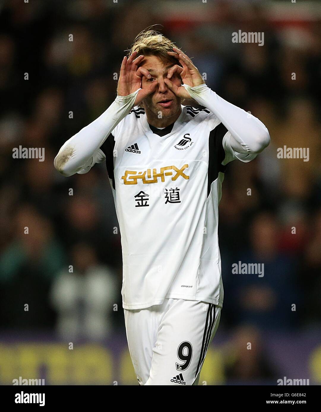 Swansea citys michu celebrates scoring the second goal hi-res stock ...