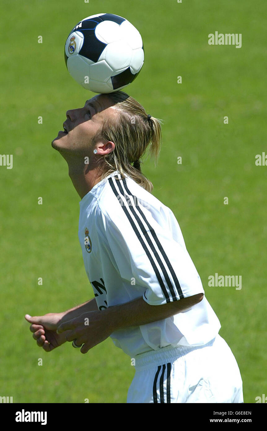 Real Madrid's David Beckham shows off his skills in his new kit at the ...