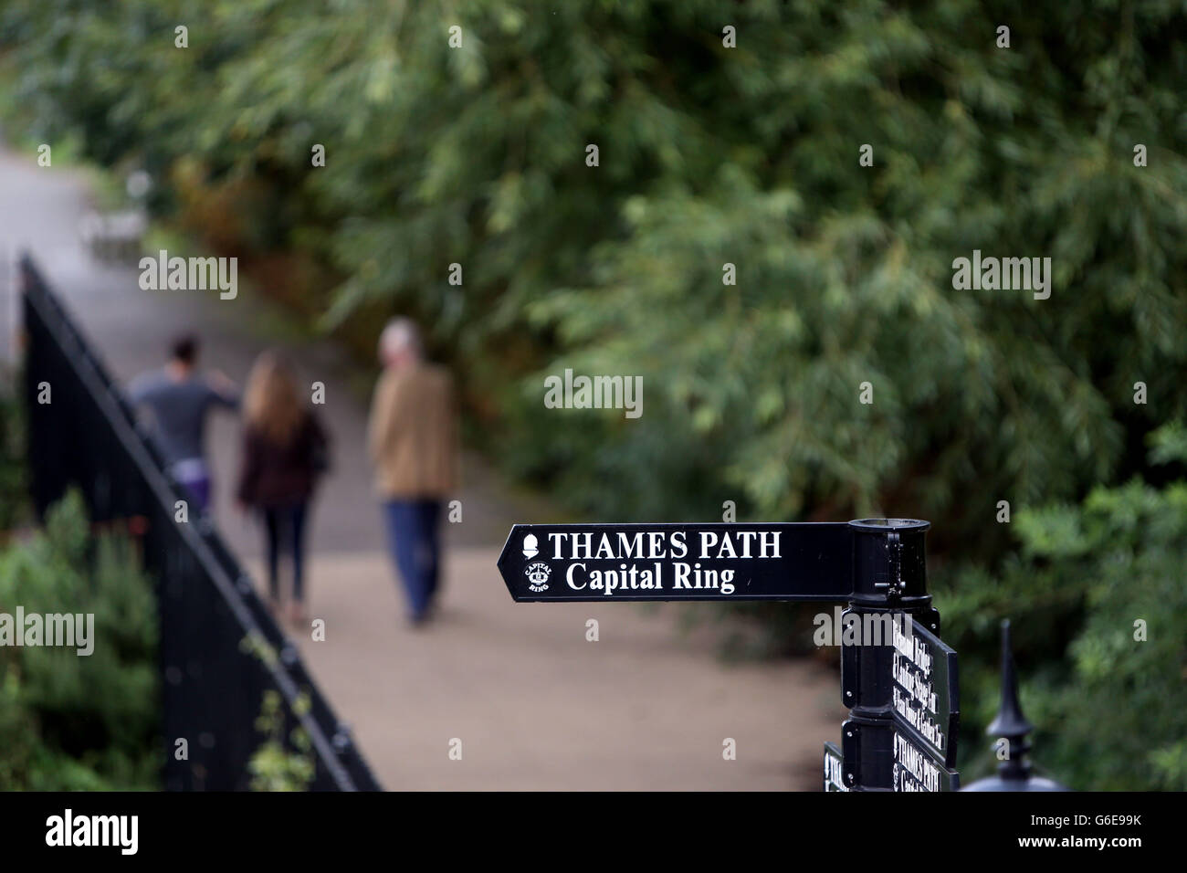A General picture of a Thames Path sign in showing the towpath along ...