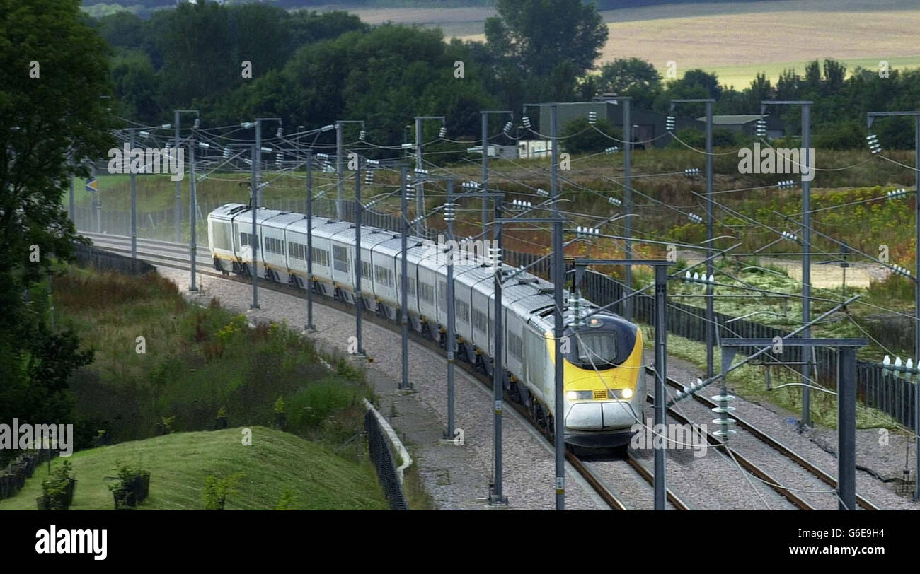 A Eurostar train travels through Ashford in Kent, on a test run on the ...