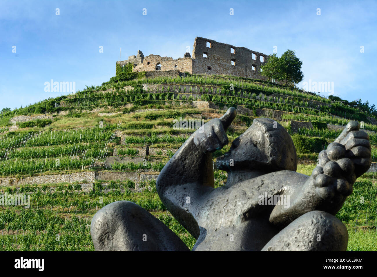 Staufen castle and vineyards and Bachus statue, Staufen im Breisgau ...