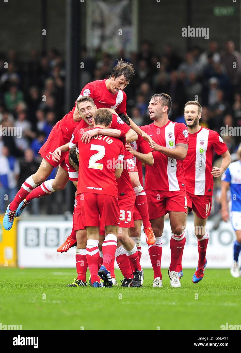 Hartlepool United's players celebrate Luke James second goal against ...