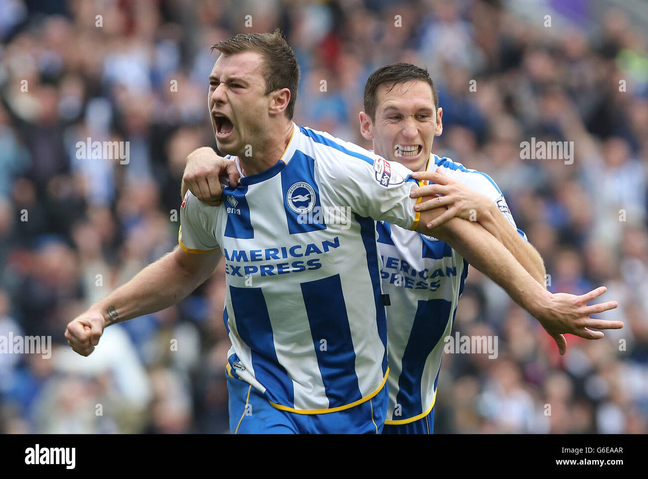 Brighton's Ashley Barnes (left) celebrates his goal with Andrew Crofts ...