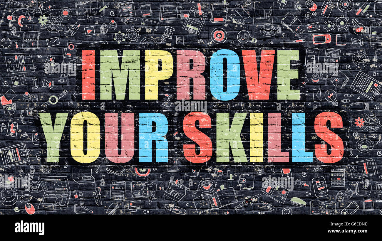 Multicolor Improve Your Skills on Dark Brickwall. Doodle Style Stock ...