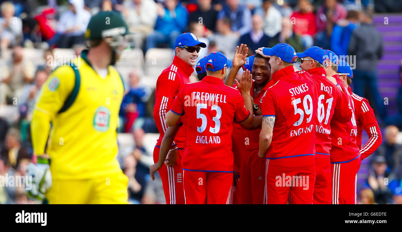 England's Chris Jordan celebrates his first international wicket with ...