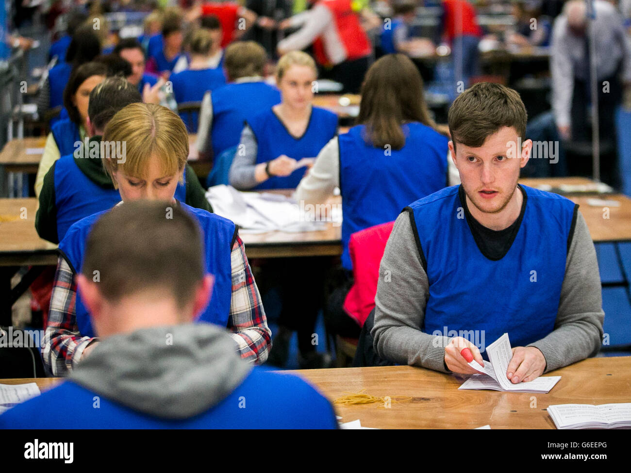 Teller count ballot papers at the Titanic Exhibition Centre, Belfast ...