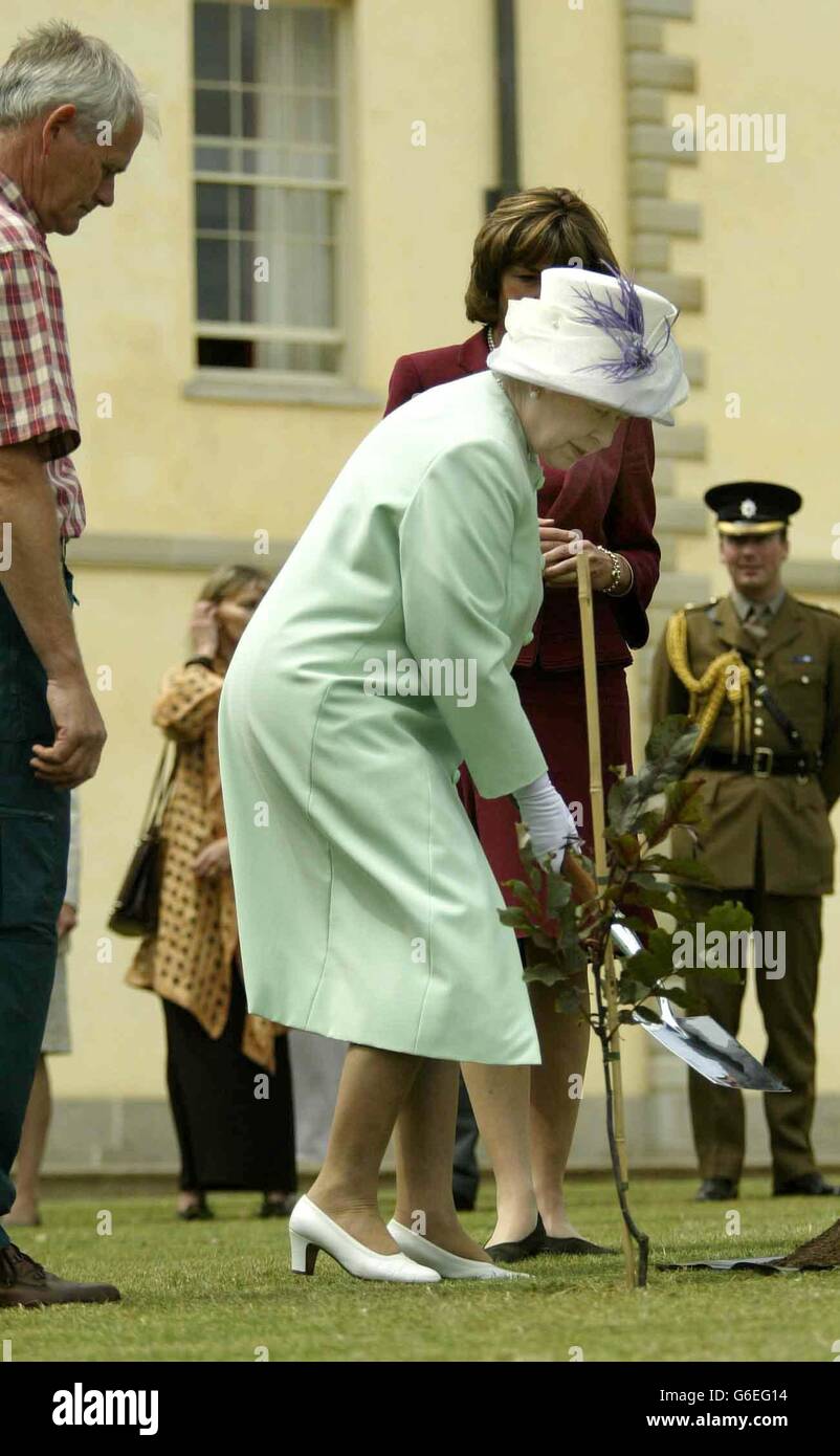 Britain's Queen Elizabeth II planting a tree to commemorate the visit ...