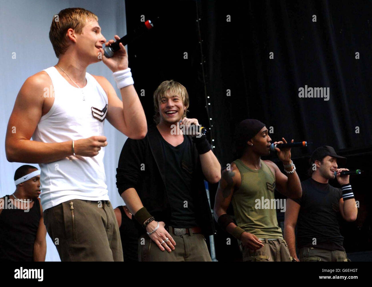 Pop band Blue performing on stage during the Mardi Gras 2003 - Pride in ...