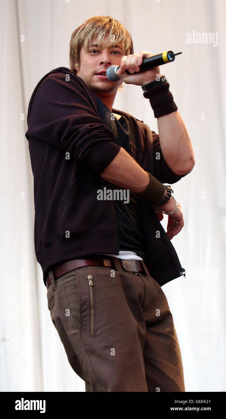 Duncan from boy band Blue performing on stage during the Mardi Gras ...