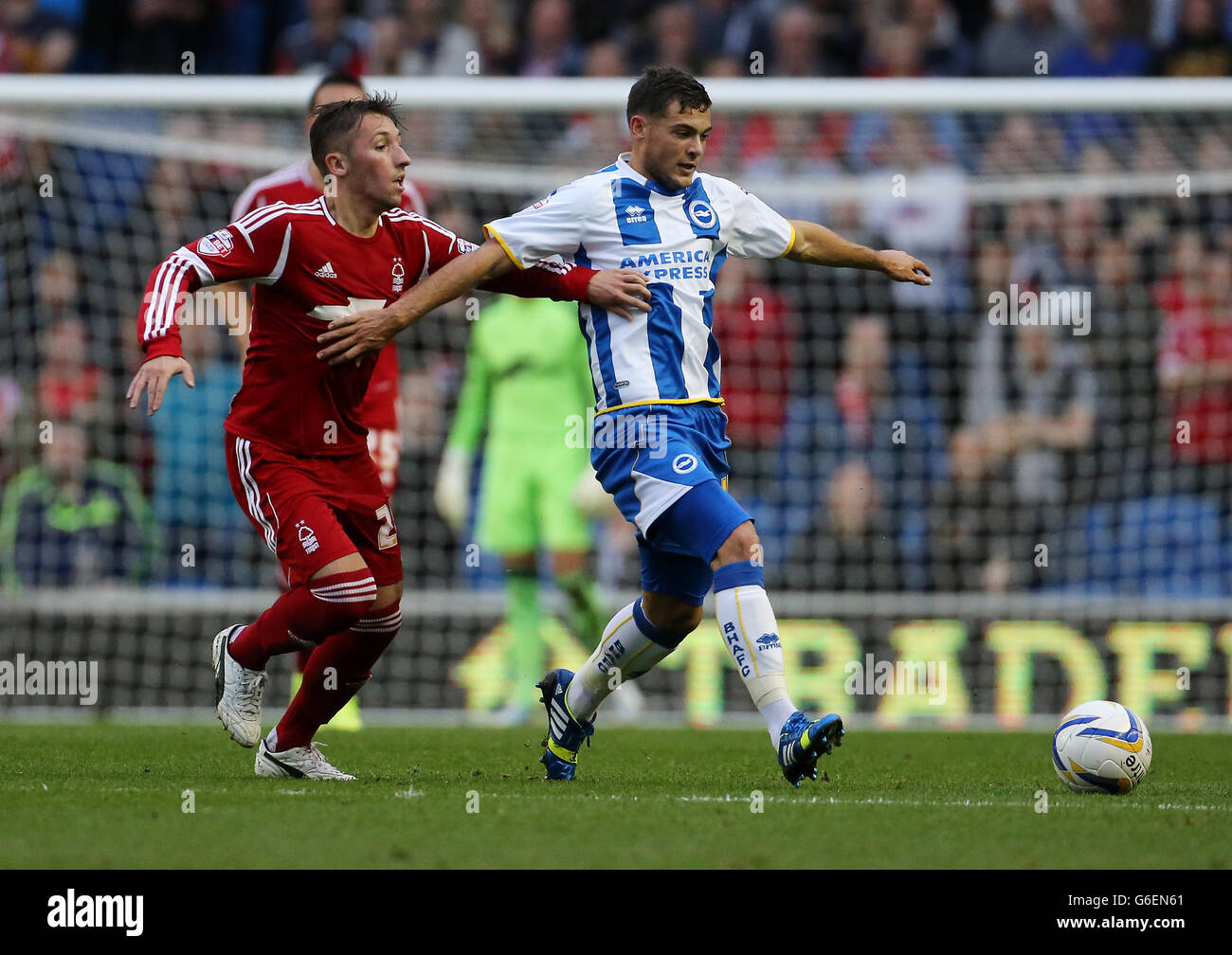 Nottingham Forest's Radoslaw Majewski (left) challenges Brighton's Jake ...
