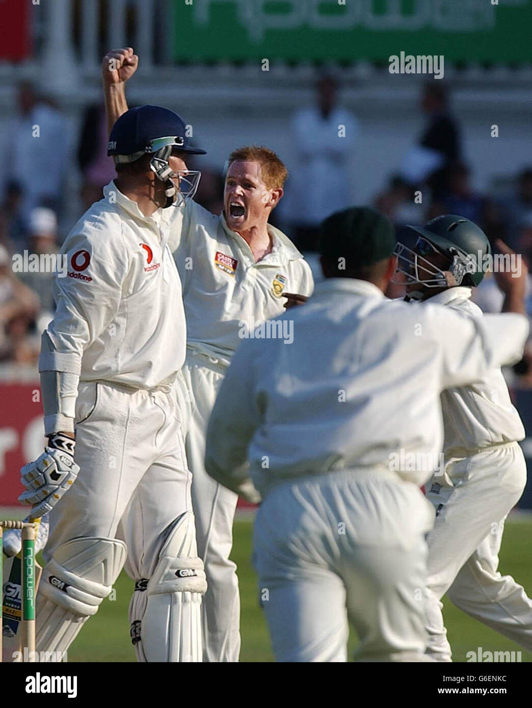 Shaun Pollock of South Africa celebrates the wicket of Marcus ...