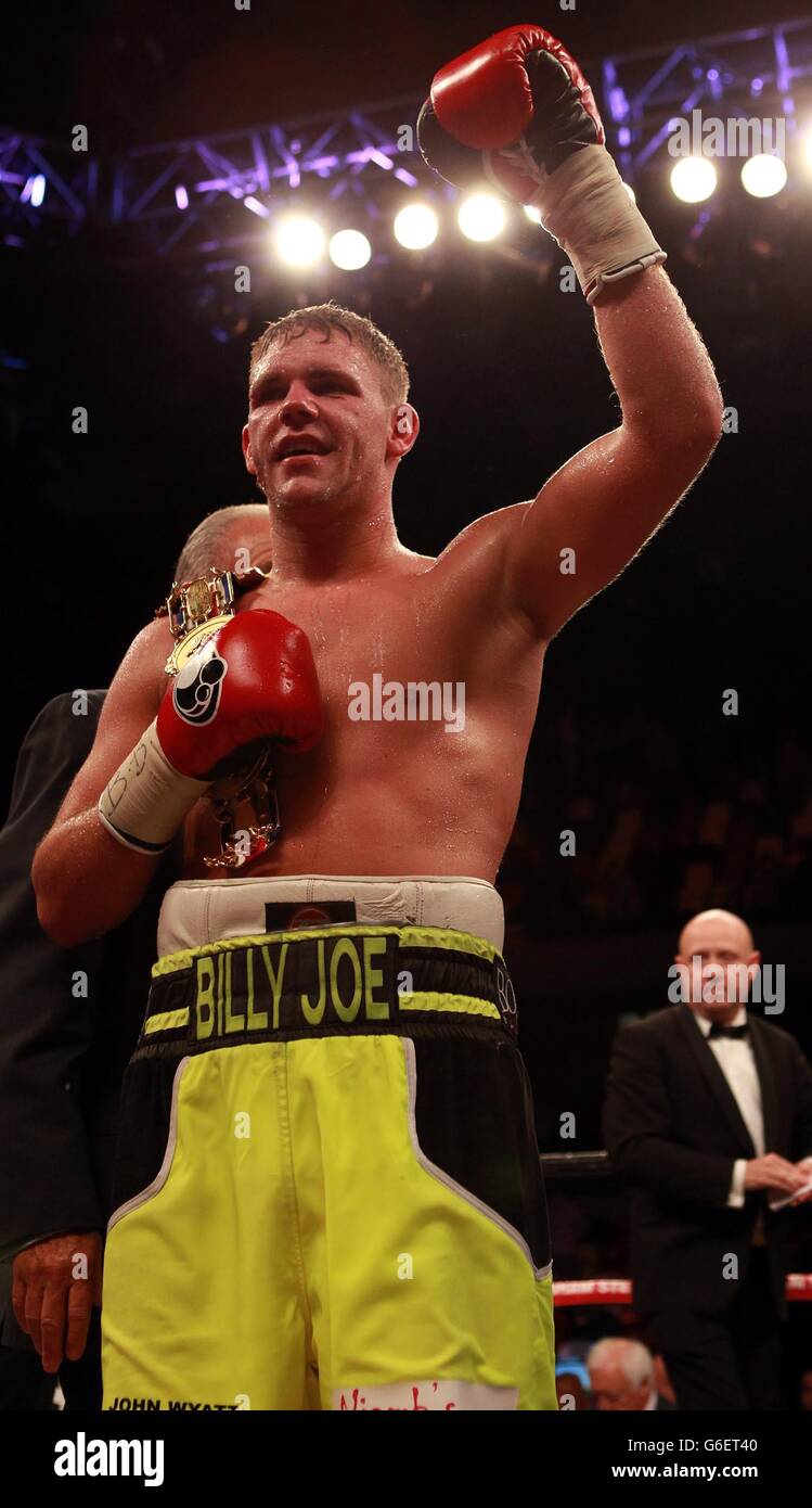 Billy Joe Saunders celebrates beating John Ryder in during the BBBofC ...