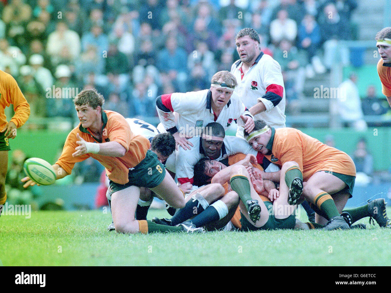 Australia's Tium Gavin feeds from a maul during the quarter final match ...