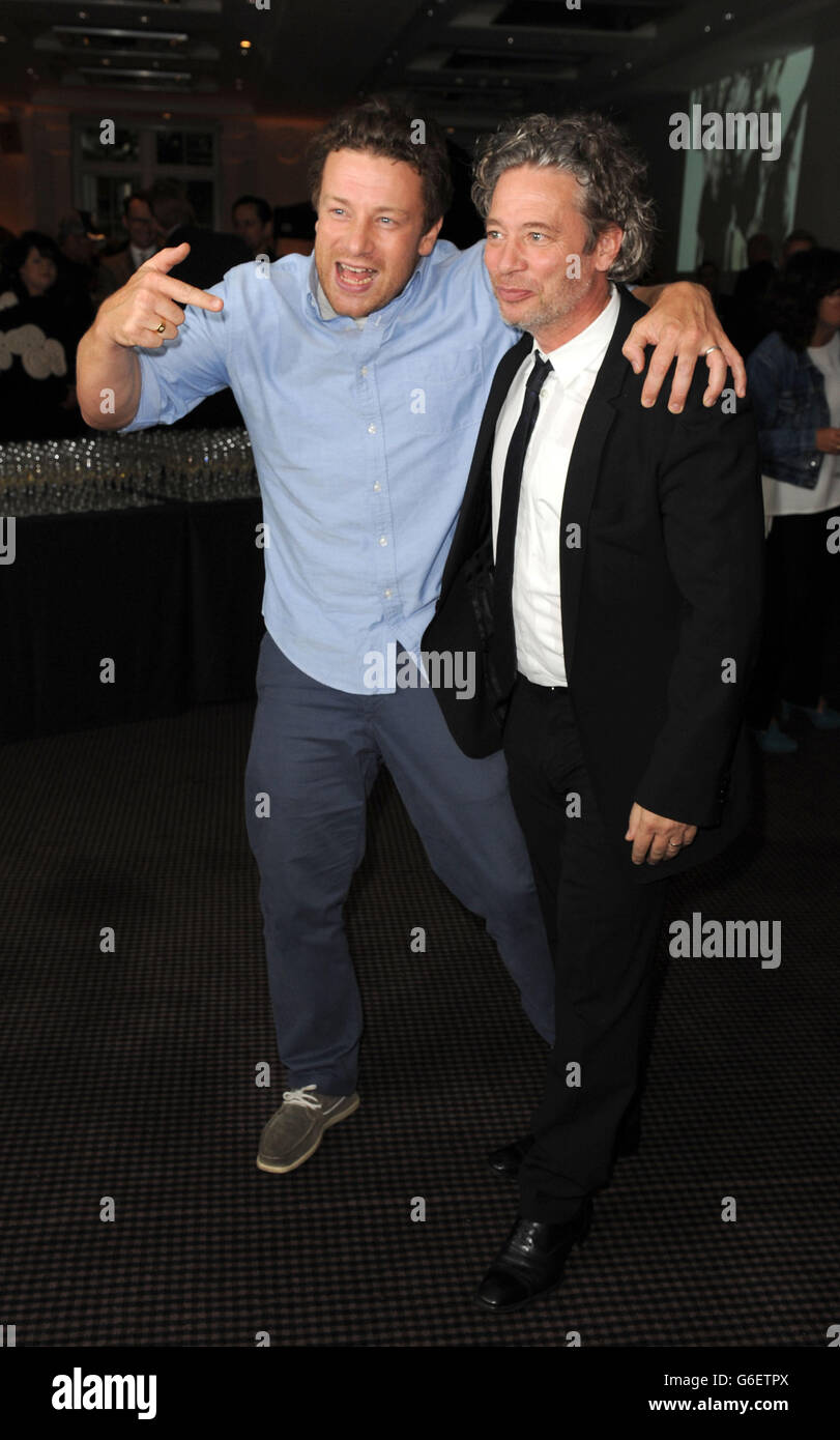 Jamie Oliver and Dexter Fletcher arriving at the Sunshine on Leith film ...