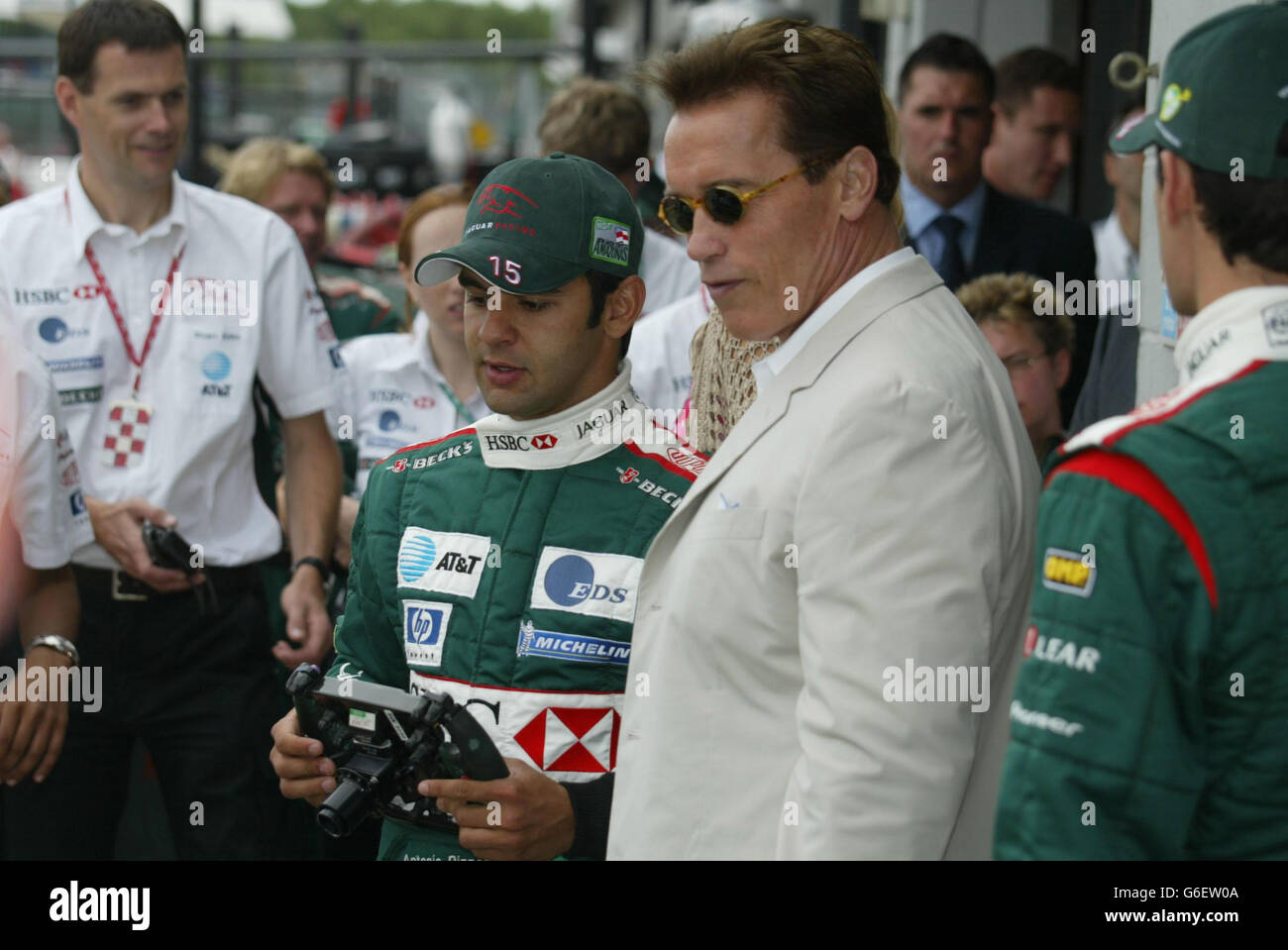From left jaguar driver antonio pizzonia actor arnold schwarzenegger hi ...