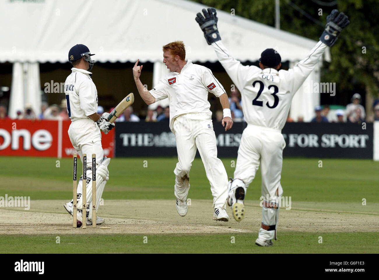 Yorkshire's Steven Kirby gesticulates to Gloucestershire's Tim Hancock ...
