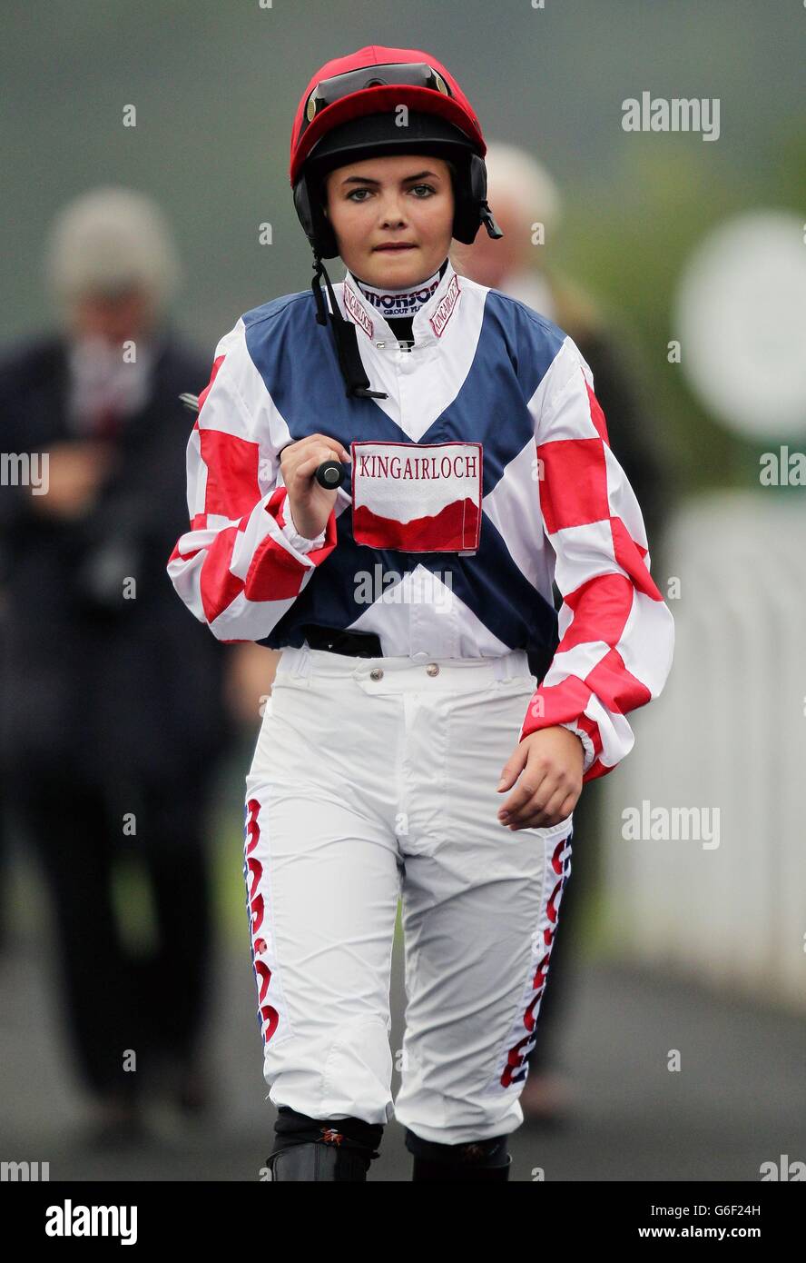 Megan Nicholls makes her way out to ride Southfield Vic in the 32Red.com Standard National Hunt ...