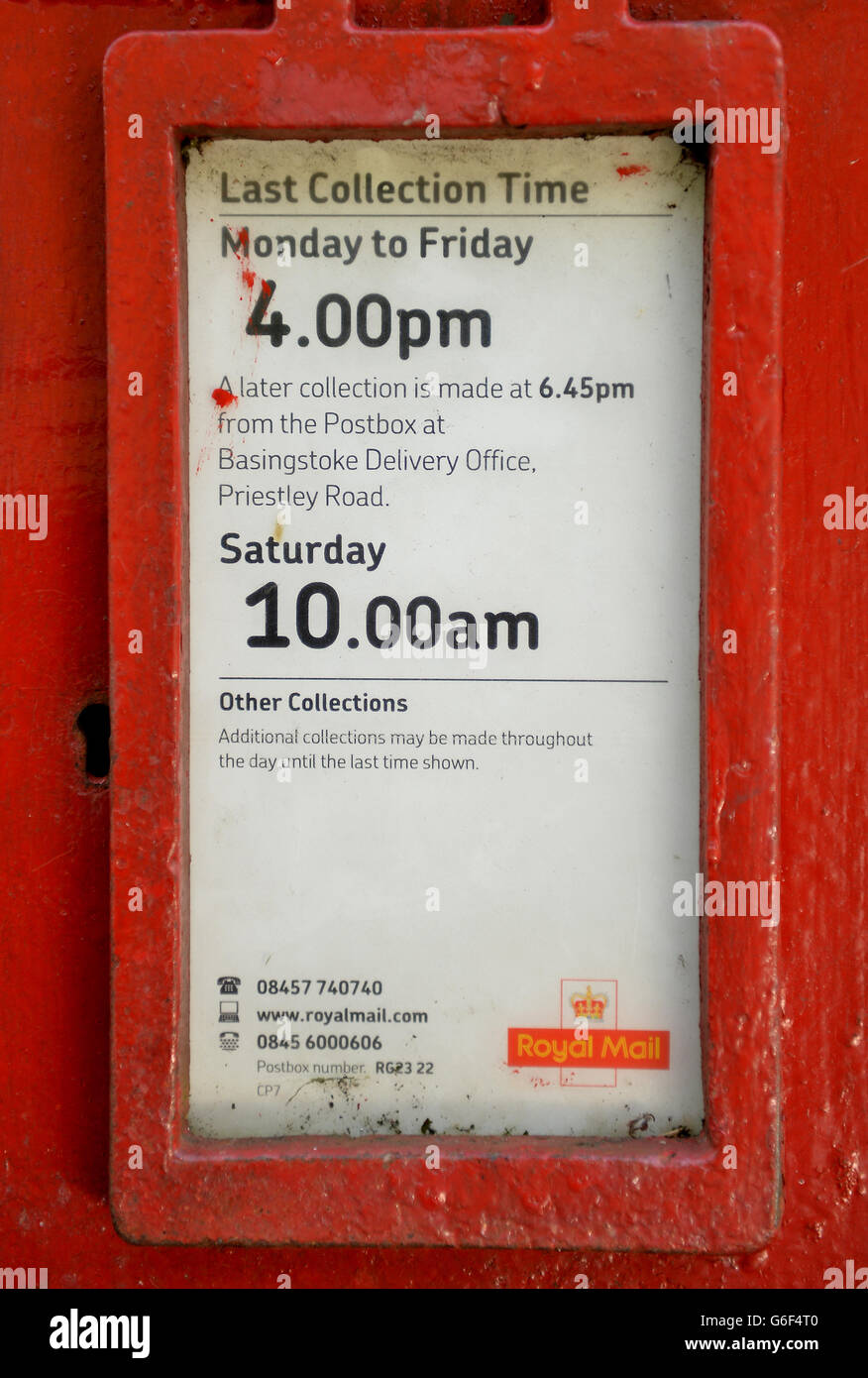 General view of a Post Office post box showing the last collection ...