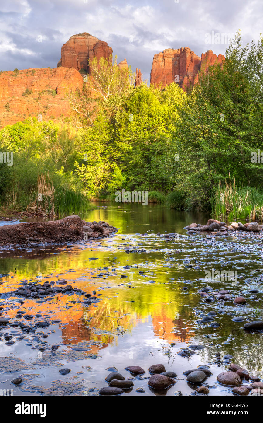 Cathedral Rock is reflected in Oak Creek in Red Rock Cross-Crescent ...