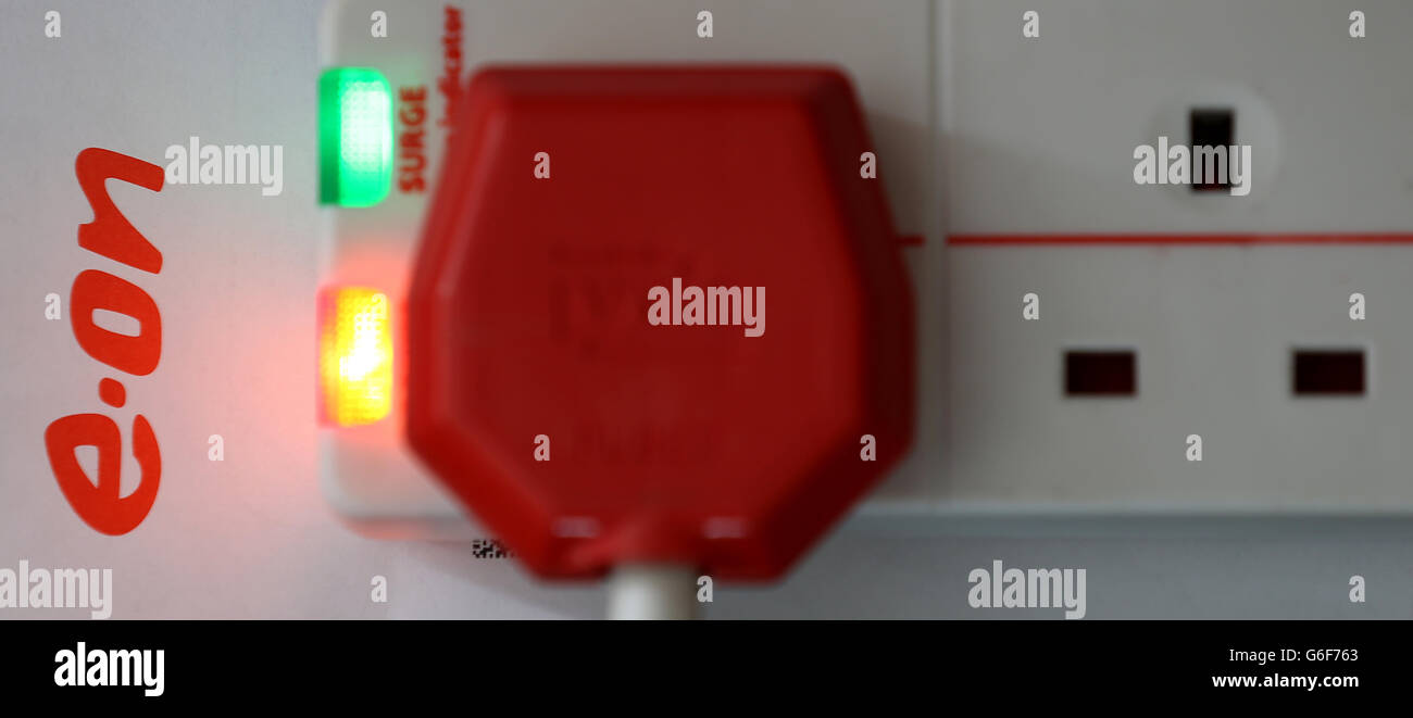 General view of the e.on energy company logo alongside a plug socket ...
