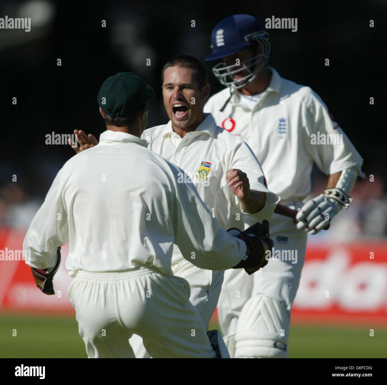 South African bowler Andrew Hall celebrates with his wicket keeper as ...