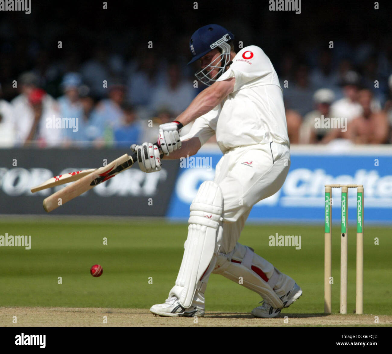 England's Andrew Flintoff breaks his bat after being bowled to by South ...