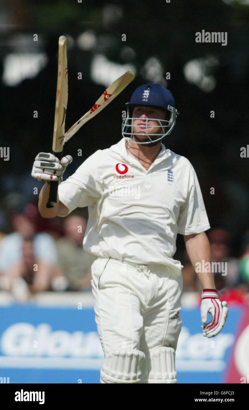 England's Andrew Flintoff with his broken bat on the fourth day of the ...