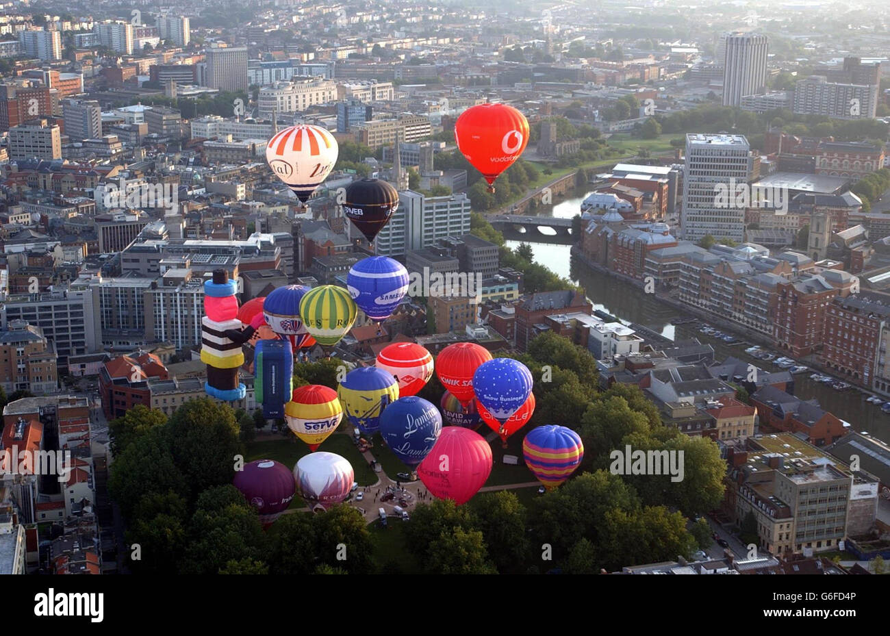 Balloons lift off from Queen's Square, Bristol, to promote the Vodafone ...