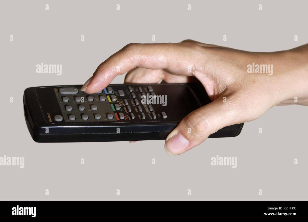 A hand holding a television remote control Stock Photo - Alamy