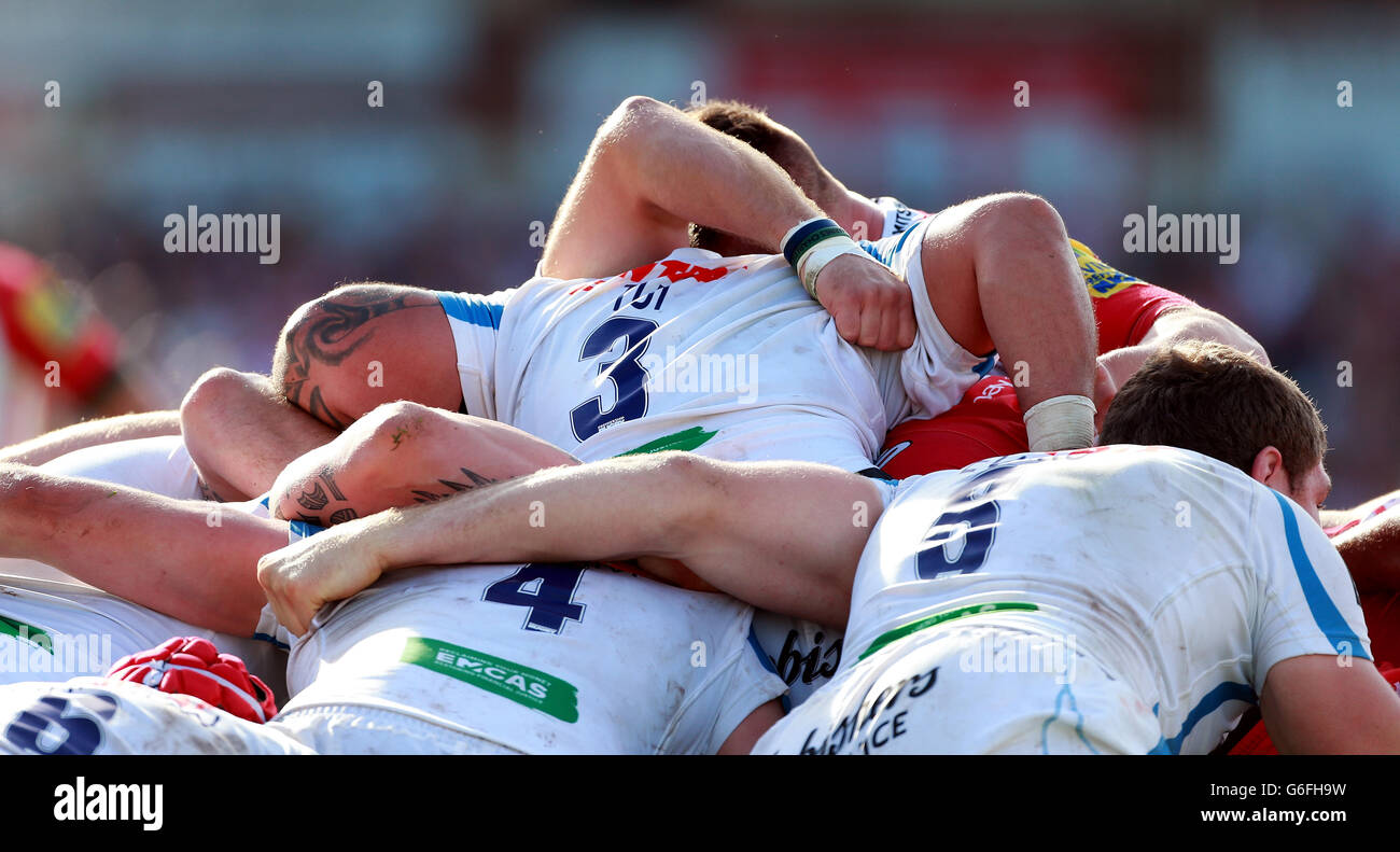 Scrum binding during the Aviva Premiership match at Kingsholm Stadium ...