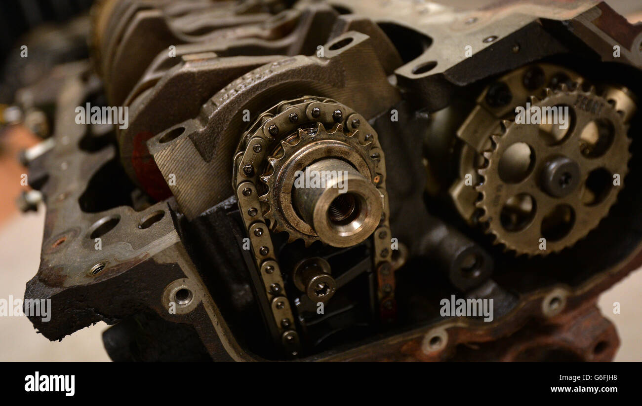 Detailed view of a Ford Transit engine in a state of being re-bulit in ...